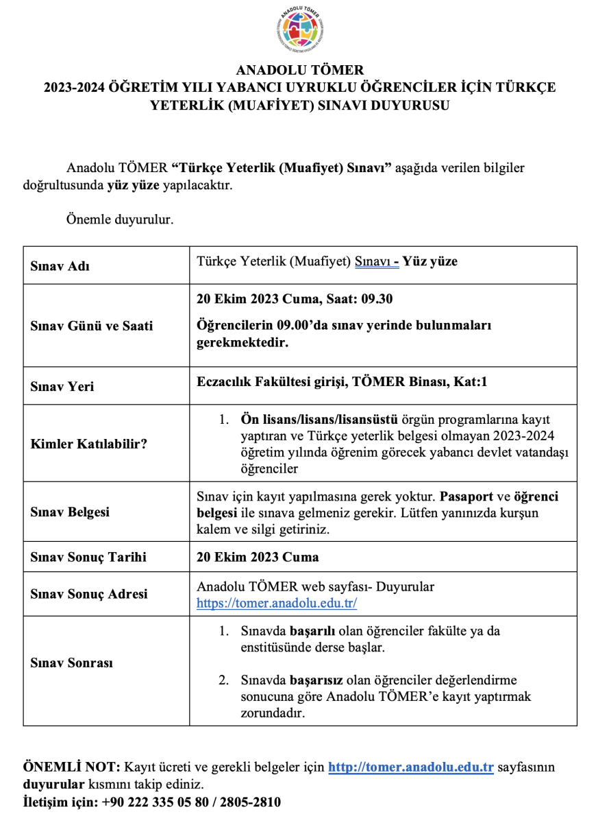 Türkçe Yeterlik (Muafiyet) Sınavı - 2023-2024 Öğretim Yılı Yabancı ...